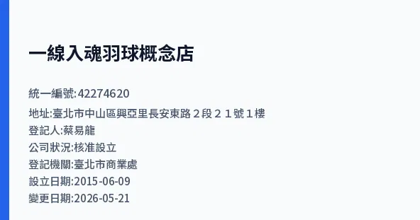 一線入魂羽球概念店的照片-統編 42274620(臺北市) 公司登記資料與營業項目詳細圖表