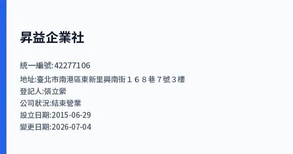 昇益企業社的照片-統編 42277106(臺北市) 公司登記資料與營業項目詳細圖表