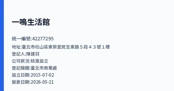 一鳴生活館的照片-統編 42277295(臺北市) 公司登記資料與營業項目詳細圖表