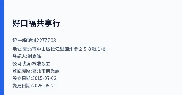 好口福共享行的照片-統編 42277703(臺北市) 公司登記資料與營業項目詳細圖表