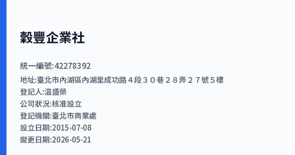 穀豐企業社的照片-統編 42278392(臺北市) 公司登記資料與營業項目詳細圖表