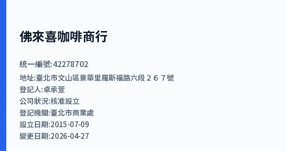 佛來喜咖啡商行的照片-統編 42278702(臺北市) 公司登記資料與營業項目詳細圖表