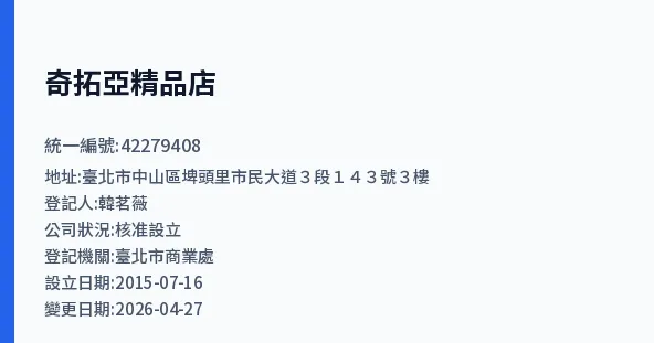 奇拓亞精品店的照片-統編 42279408(臺北市) 公司登記資料與營業項目詳細圖表