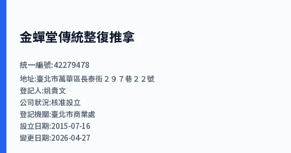 金蟬堂傳統整復推拿的照片-統編 42279478(臺北市) 公司登記資料與營業項目詳細圖表