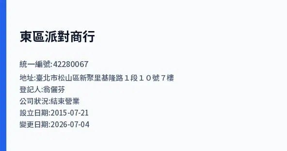 東區派對商行的照片-統編 42280067(臺北市) 公司登記資料與營業項目詳細圖表