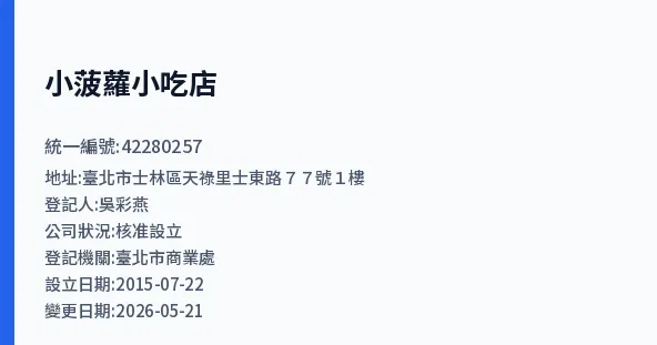 小菠蘿小吃店的照片-統編 42280257(臺北市) 公司登記資料與營業項目詳細圖表