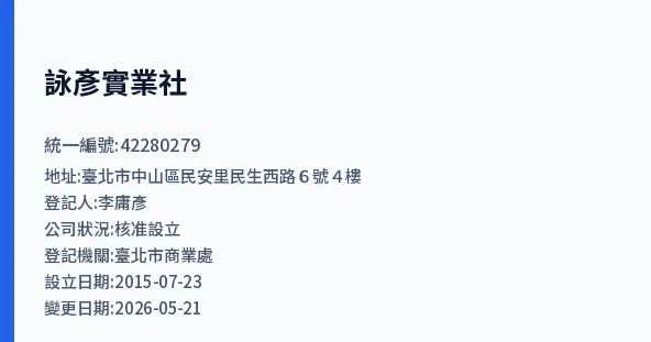 詠彥實業社的照片-統編 42280279(臺北市) 公司登記資料與營業項目詳細圖表