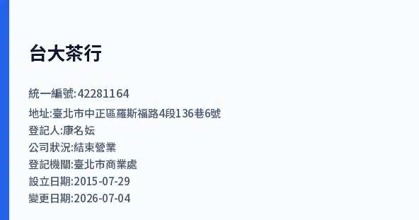 台大茶行的照片-統編 42281164(臺北市) 公司登記資料與營業項目詳細圖表