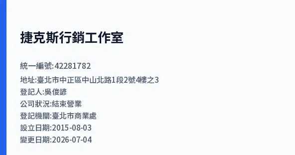 捷克斯行銷工作室的照片-統編 42281782(臺北市) 公司登記資料與營業項目詳細圖表