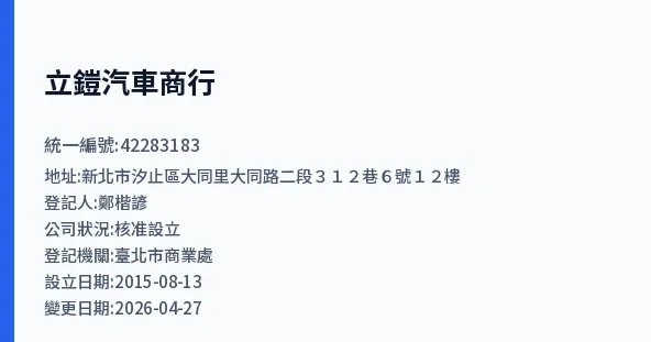 立鎧汽車商行的照片-統編 42283183(新北市) 公司登記資料與營業項目詳細圖表