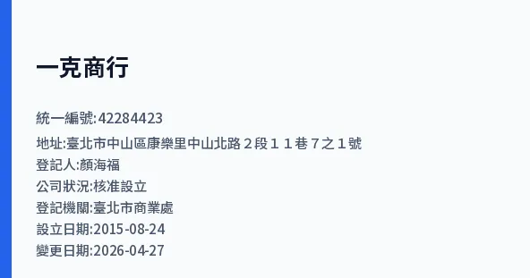 一克商行的照片-統編 42284423(臺北市) 公司登記資料與營業項目詳細圖表