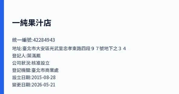 一純果汁店的照片-統編 42284943(臺北市) 公司登記資料與營業項目詳細圖表