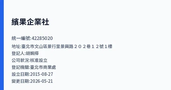 繽果企業社的照片-統編 42285020(臺北市) 公司登記資料與營業項目詳細圖表