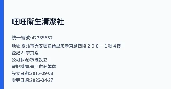 旺旺衛生清潔社的照片-統編 42285582(臺北市) 公司登記資料與營業項目詳細圖表