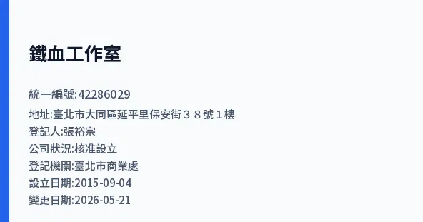 鐵血工作室的照片-統編 42286029(臺北市) 公司登記資料與營業項目詳細圖表