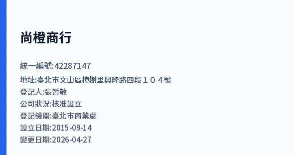 尚橙商行的照片-統編 42287147(臺北市) 公司登記資料與營業項目詳細圖表