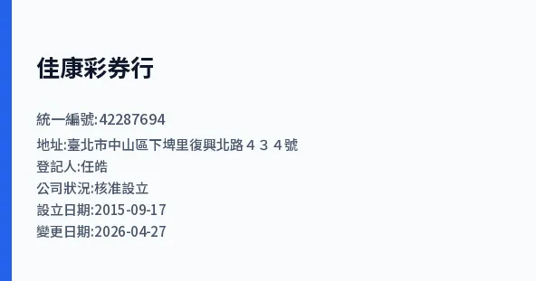 佳康彩券行的照片-統編 42287694(臺北市) 公司登記資料與營業項目詳細圖表