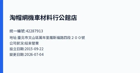 淘帽網機車材料行公館店的照片-統編 42287913(臺北市) 公司登記資料與營業項目詳細圖表
