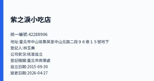 紫之淚小吃店的照片-統編 42288906(臺北市) 公司登記資料與營業項目詳細圖表