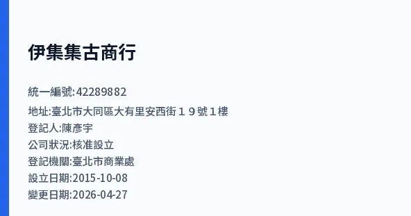 伊集集古商行的照片-統編 42289882(臺北市) 公司登記資料與營業項目詳細圖表
