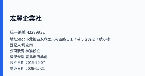 宏麗企業社的照片-統編 42289932(臺北市) 公司登記資料與營業項目詳細圖表