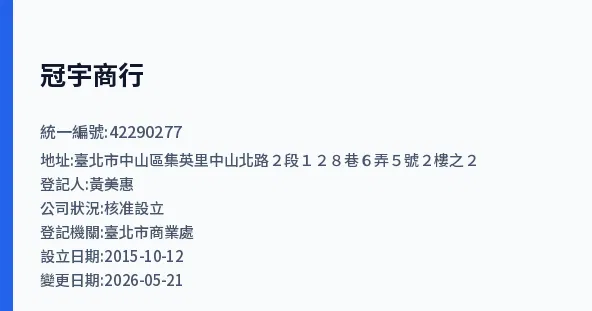 冠宇商行的照片-統編 42290277(臺北市) 公司登記資料與營業項目詳細圖表