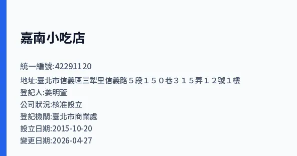 嘉南小吃店的照片-統編 42291120(臺北市) 公司登記資料與營業項目詳細圖表