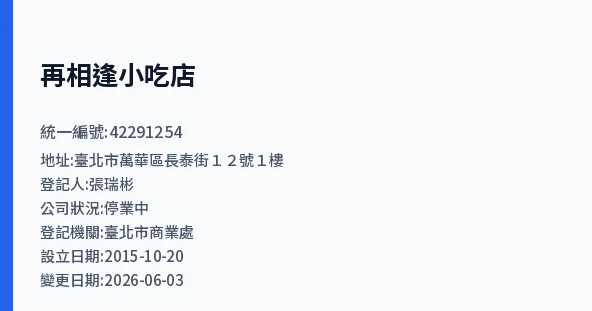 再相逢小吃店的照片-統編 42291254(臺北市) 公司登記資料與營業項目詳細圖表
