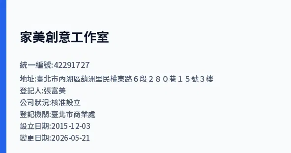 家美創意工作室的照片-統編 42291727(臺北市) 公司登記資料與營業項目詳細圖表