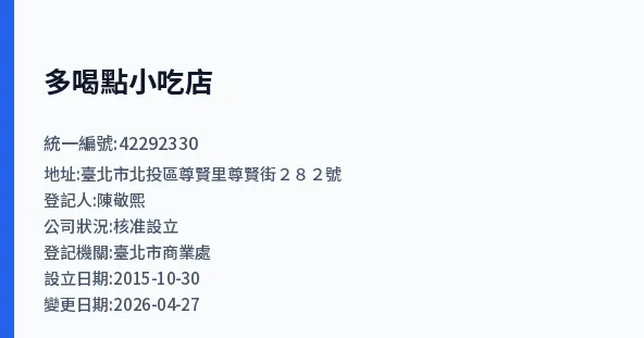 多喝點小吃店的照片-統編 42292330(臺北市) 公司登記資料與營業項目詳細圖表