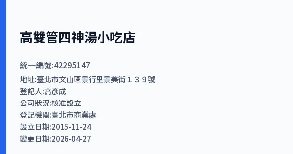 高雙管四神湯小吃店的照片-統編 42295147(臺北市) 公司登記資料與營業項目詳細圖表