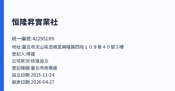 恒隆昇實業社的照片-統編 42295189(臺北市) 公司登記資料與營業項目詳細圖表