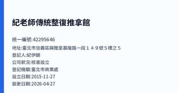 紀老師傳統整復推拿館的照片-統編 42295646(臺北市) 公司登記資料與營業項目詳細圖表