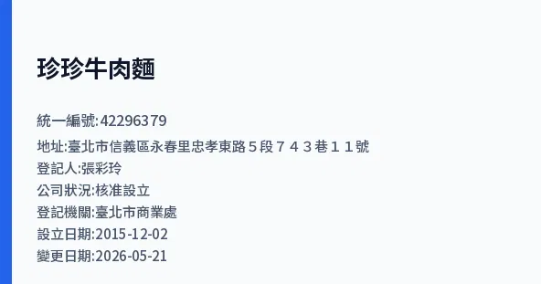珍珍牛肉麵的照片-統編 42296379(臺北市) 公司登記資料與營業項目詳細圖表