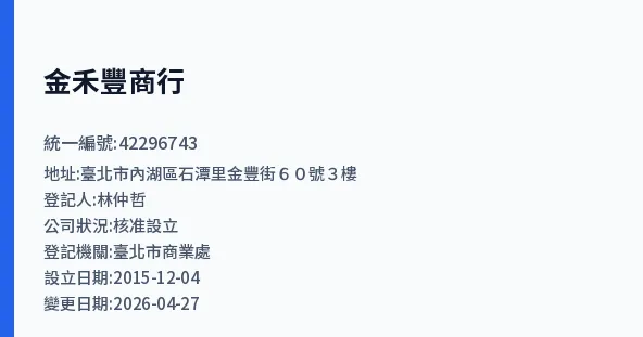 金禾豐商行的照片-統編 42296743(臺北市) 公司登記資料與營業項目詳細圖表
