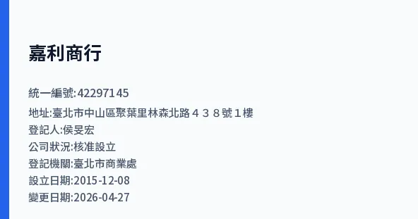 嘉利商行的照片-統編 42297145(臺北市) 公司登記資料與營業項目詳細圖表