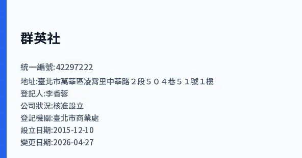 群英社的照片-統編 42297222(臺北市) 公司登記資料與營業項目詳細圖表