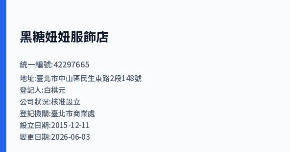 黑糖妞妞服飾店的照片-統編 42297665(臺北市) 公司登記資料與營業項目詳細圖表