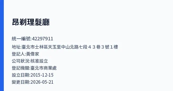 昂剃理髮廳的照片-統編 42297911(臺北市) 公司登記資料與營業項目詳細圖表