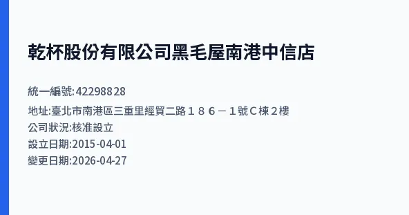 乾杯股份有限公司黑毛屋南港中信店的照片-統編 42298828(臺北市) 公司登記資料與營業項目詳細圖表