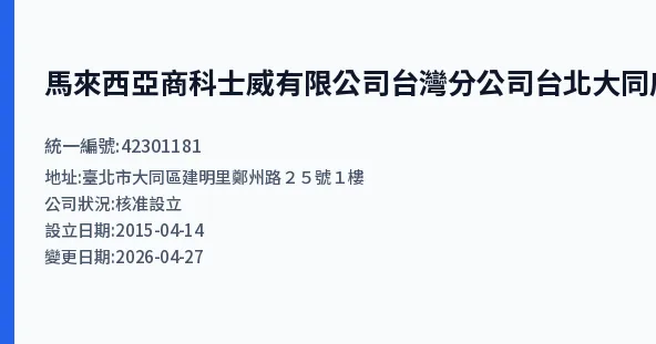 馬來西亞商科士威有限公司台灣分公司台北大同店的照片-統編 42301181(臺北市) 公司登記資料與營業項目詳細圖表