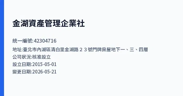 金湖資產管理企業社的照片-統編 42304716(臺北市) 公司登記資料與營業項目詳細圖表