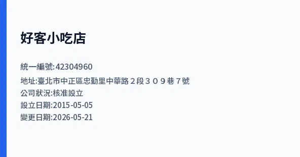 好客小吃店的照片-統編 42304960(臺北市) 公司登記資料與營業項目詳細圖表
