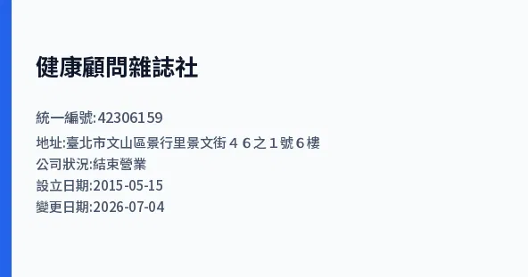 健康顧問雜誌社的照片-統編 42306159(臺北市) 公司登記資料與營業項目詳細圖表