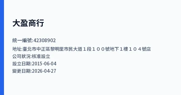 大盈商行的照片-統編 42308902(臺北市) 公司登記資料與營業項目詳細圖表