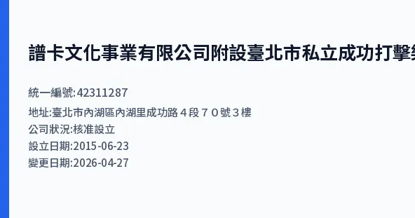 譜卡文化事業有限公司附設臺北市私立成功打擊樂音樂技藝短期補習班的照片-統編 42311287(臺北市) 公司登記資料與營業項目詳細圖表