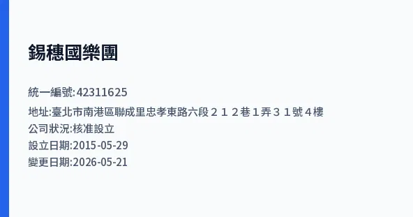 錫穗國樂團的照片-統編 42311625(臺北市) 公司登記資料與營業項目詳細圖表