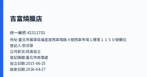 吉富燒臘店的照片-統編 42311701(臺北市) 公司登記資料與營業項目詳細圖表