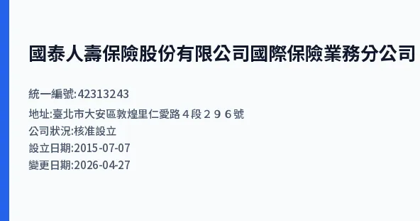 國泰人壽保險股份有限公司國際保險業務分公司的照片-統編 42313243(臺北市) 公司登記資料與營業項目詳細圖表