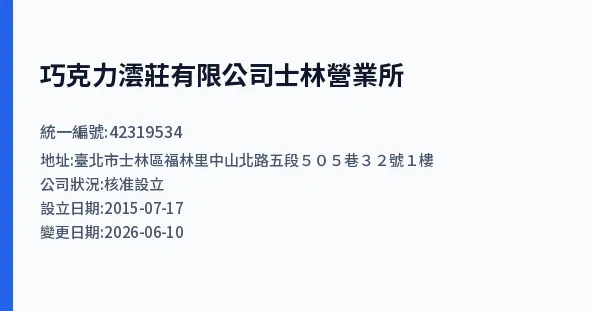 巧克力澐莊有限公司士林營業所的照片-統編 42319534(臺北市) 公司登記資料與營業項目詳細圖表